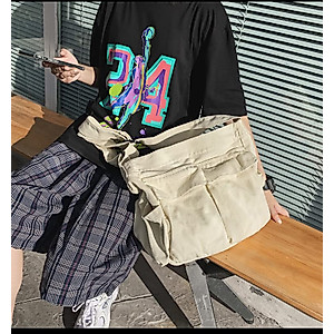 Canvas Messenger Bag Large Crossbody Bag with Multiple Pockets Canvas Shoulder Tote Bag for Women and Men (White)