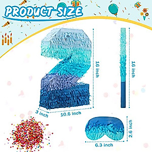 Number 2 Pinata with Stick Blindfold Confetti, Gradient Blue Pinata for Kids 2nd Birthday Party Large Blue Pinata for Boys Girls Birthday Anniversary Celebration Decoration Supplies (Number 2)