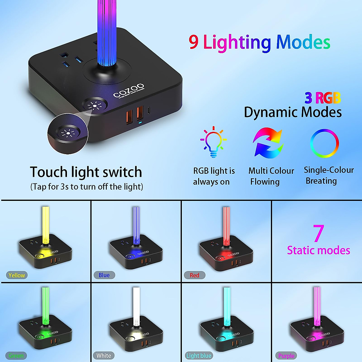 RGB Headphone Stand with USB Charger COZOO Desktop Gaming Headset Holder Hanger with 3 USB Charger and 2 Outlets - Great for Gaming, DJ, Wireless Earphone Display,Gamer PC Accessories Boyfriend Gifts