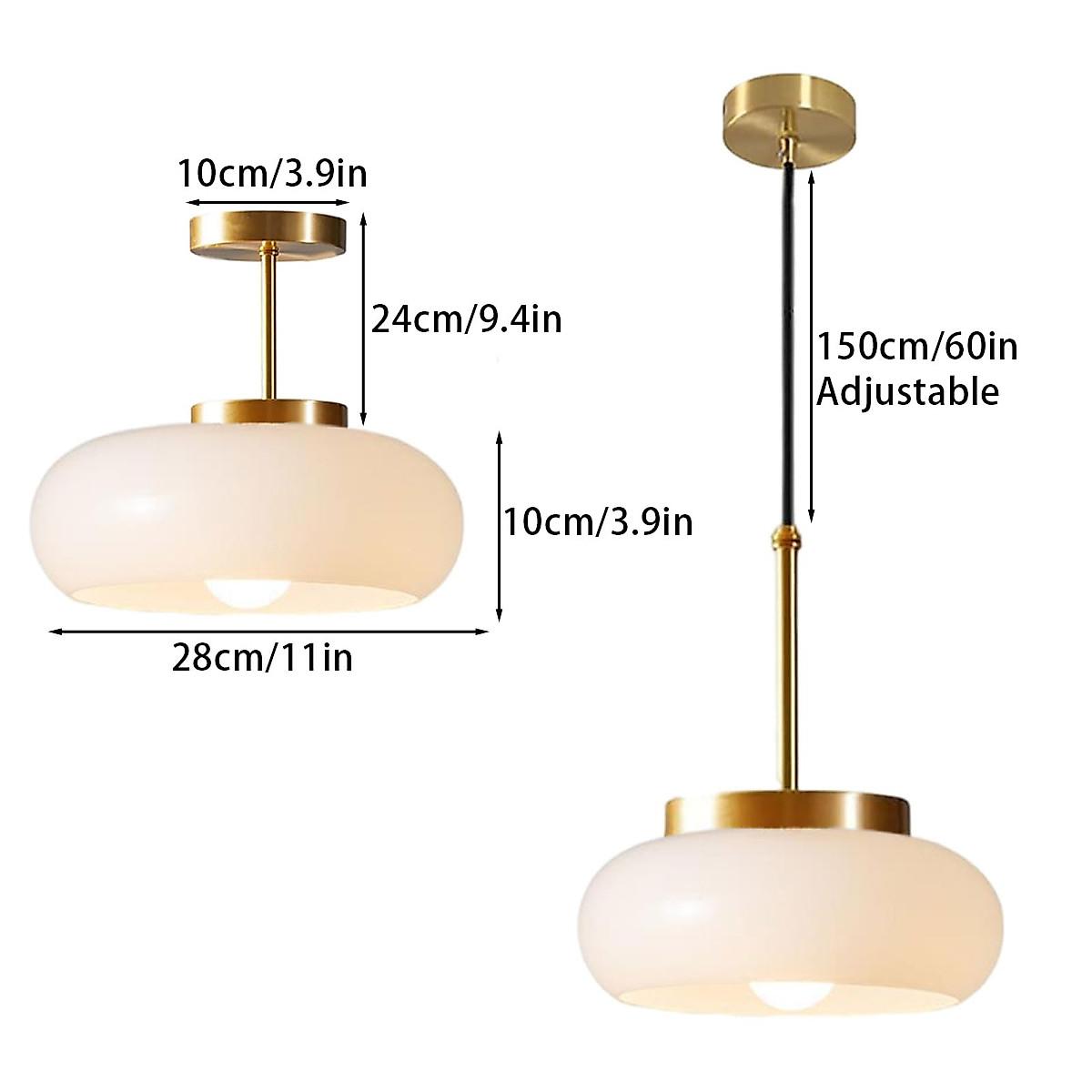 Pairosenvi Pendant Light Fixture, Hanging lamp with Hand-Blown Glass Lampshade, American Retro Style Hanging Light, Height Adjustable Semi Flush Ceiling Light for Kitchen Island, Bathroom… (White)