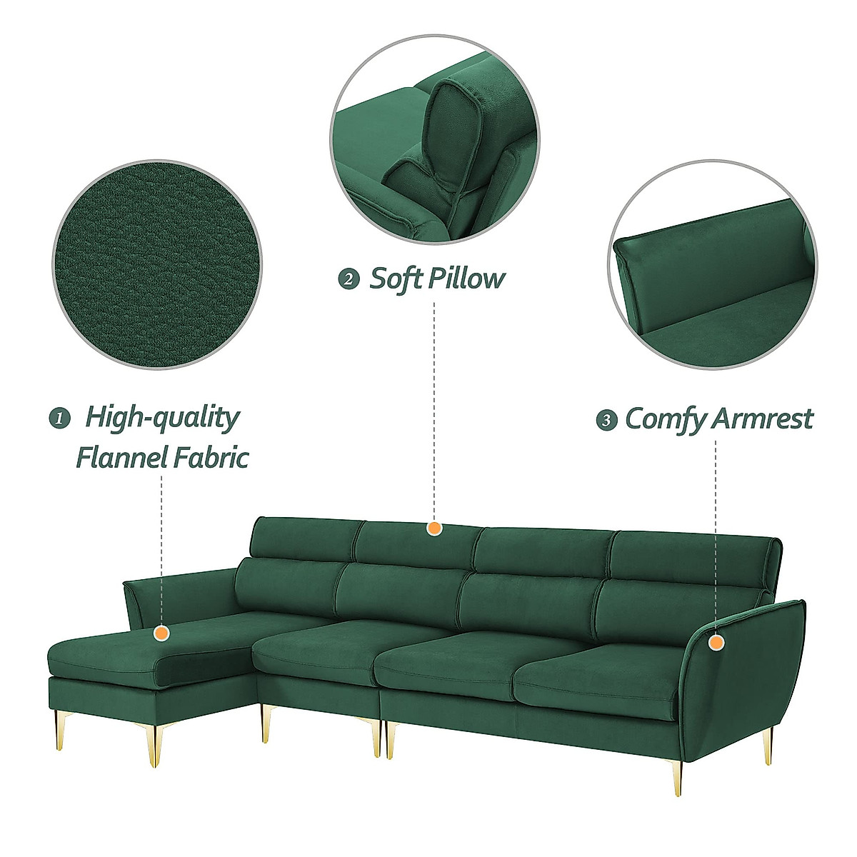 Prohon 111" L Shaped Convertible Sofa Left/Right Hande Chaise, Flannel Sectional Couch w/Gold Legs for Bedroom, Living Room, Green