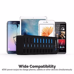 60W 10 Port USB 3.0 Hub Includes 3 Smart Charging Ports with Individual Power Switches and LEDs and 60W 12V/5A Power Adapter+USB Bluetooth 4.0 Micro Adapter for PC [v4.0 Class 2 with Low Energy Techno