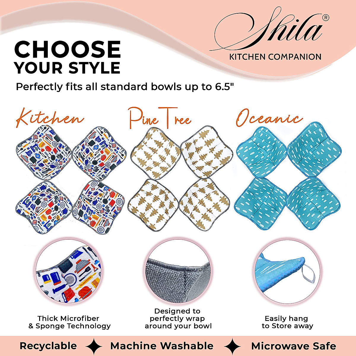 SHILA Bowl Snuggies, Designed Set of Microwave-Safe Hot Bowl Holder to Keep Your Hands Cool and Your Meal Warm, Polyester & Sponge Heat Resistant Dish Pads for Soup, Rice and Pasta Bowls (4, Kitchen)