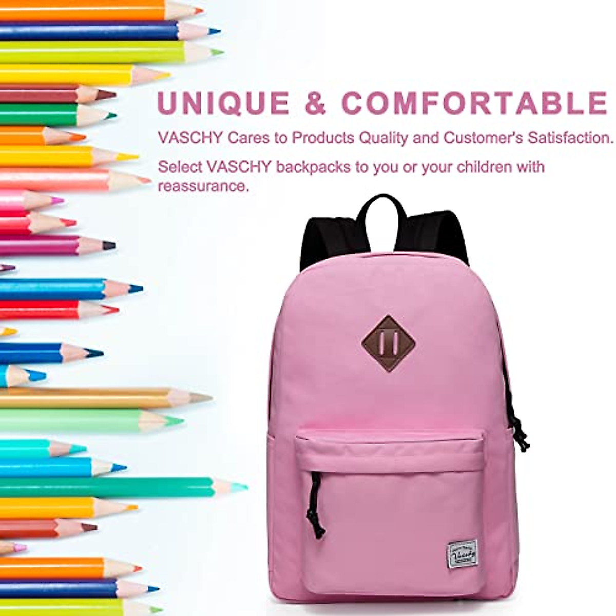VASCHY School Backpack, Lightweight Water Repellent Backpack Men School Bag Women Children Boy Leisure for Girl School High School Teenagers College Business Travel, Pink, M, Backpacks Handbags