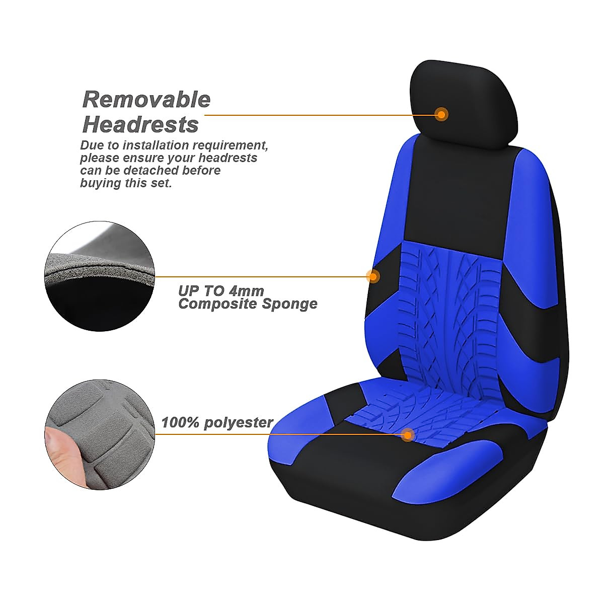 BESULEN Front Car Seat Covers, 2 Pcs Polyester Bucket Seat Protectors, Soft and Breathable, Premium Sporty Automotive Seat Cushions, Universal Auto Interior Accessories (Blue)