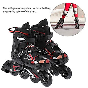Children Triple Protection Roller Skates, Adjustable Inline Breathable Mesh Roller Skates Indoor Outdoor Kids Toy with Self‑Generating Light Wheel Girls Boys(Red S)