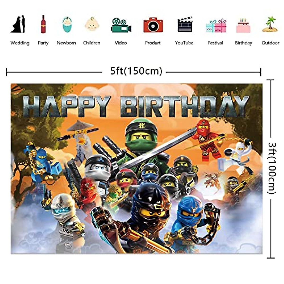 Ninjago Backdrop for Birthday Party Decorations Ninja Themed Happy Birthday Photo Backdrop The Shinobi Party Supplies 59" x 39" Includes Shoot Photo Backgrounds Props for Boys and Kids