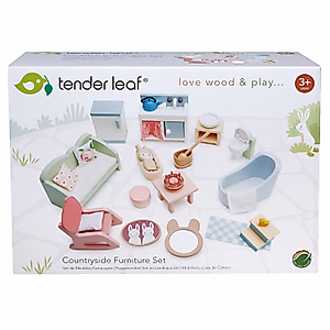 Tender Leaf Toys - Countryside Furniture Set - Fully Furnished Dollhouse Accessories - Bathroom, Living Room and Kitchen All in one, Miniature Pretend Play - Age 3+