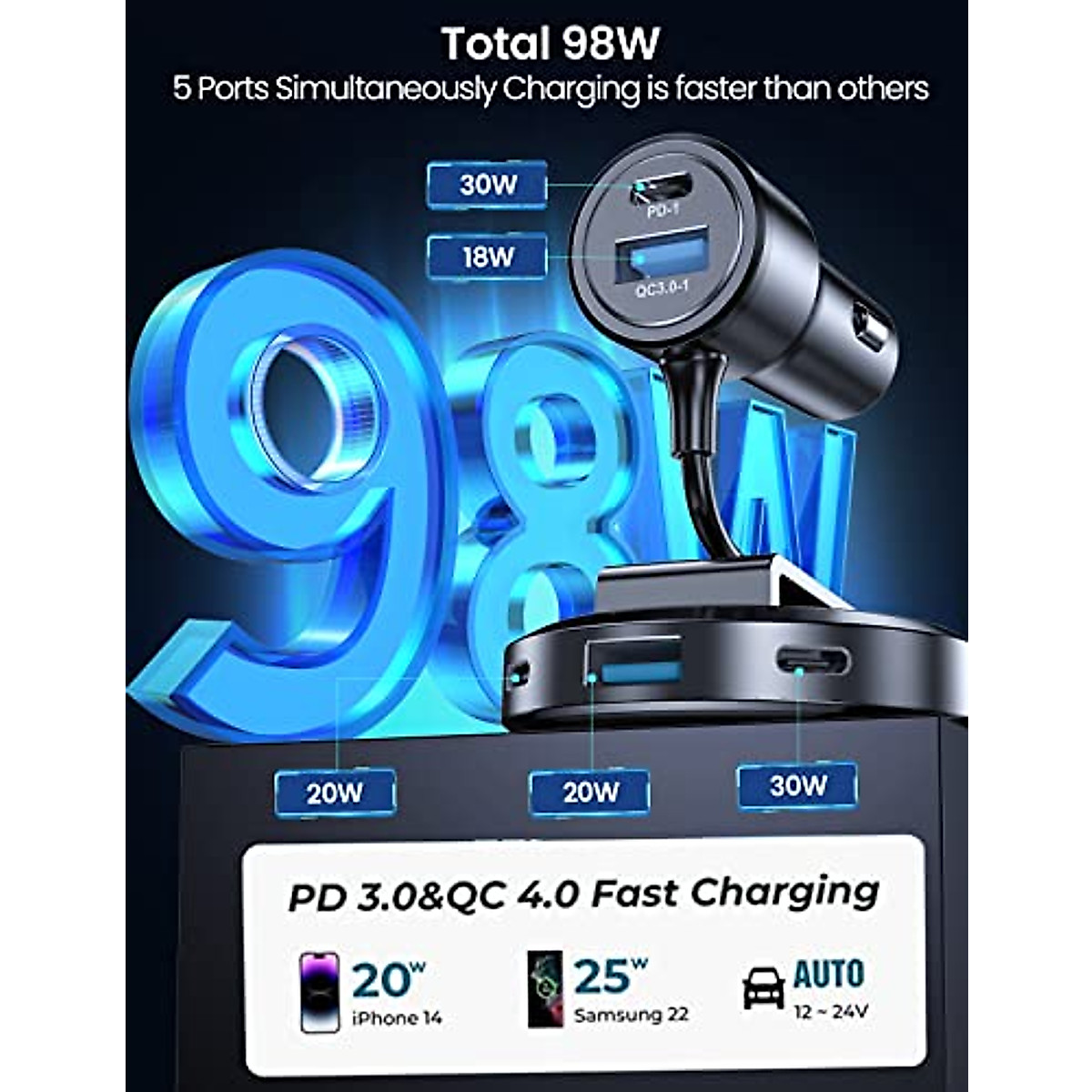 MOKPR 5 Multi USB Car Charger, 98W Fast Car Charger Adapter for Multiple Devices, PD & QC3.0 Cigarette Lighter Adapter Car Cell Phone Charger with 5FT Cable for iPhone 14/13 iPad Samsung Android