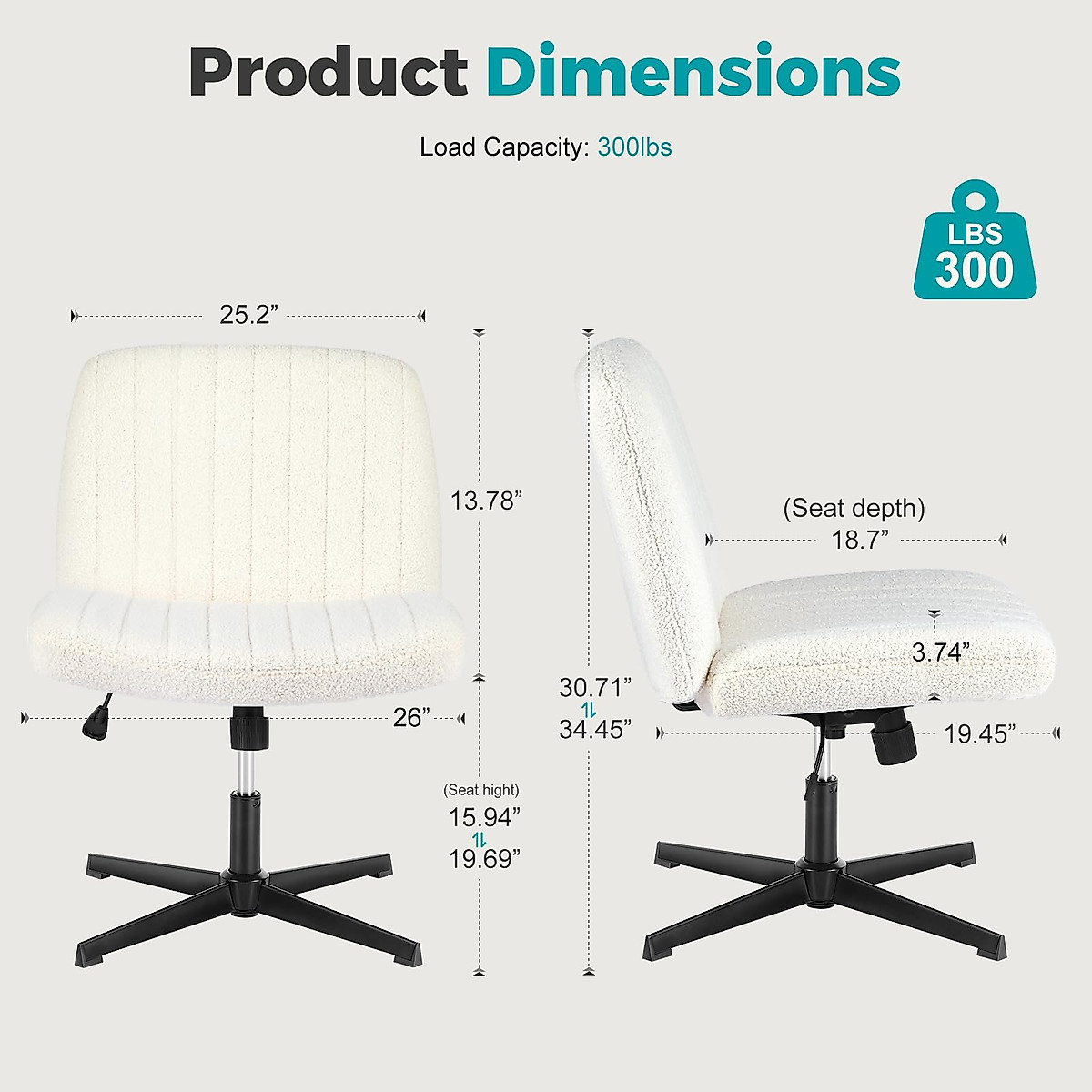 DUMOS Criss Cross Chairs, Armless Office Desk No Wheels Swivel Padded Wide Seat Modern Height Adjustable Mid Back Task Vanity Seating for Home Office Bedroom Computer