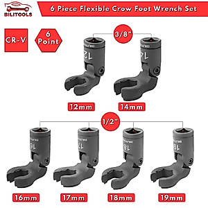 BILITOOLS Flex Head Crows Foot Line Wrench Set, 3/8" & 1/2" Drive Flex Flare Nut Wrench Injector Fuel Line Crowfoot Flare Nut Socket Wrench Metric 12-19 mm