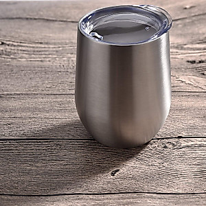 Stainless Steel Stemless Wine Glass Tumbler with Lid, 12 oz | Double Wall Vacuum Insulated Travel Tumbler Cup for Coffee, Wine, Cocktails, Ice Cream - Silver