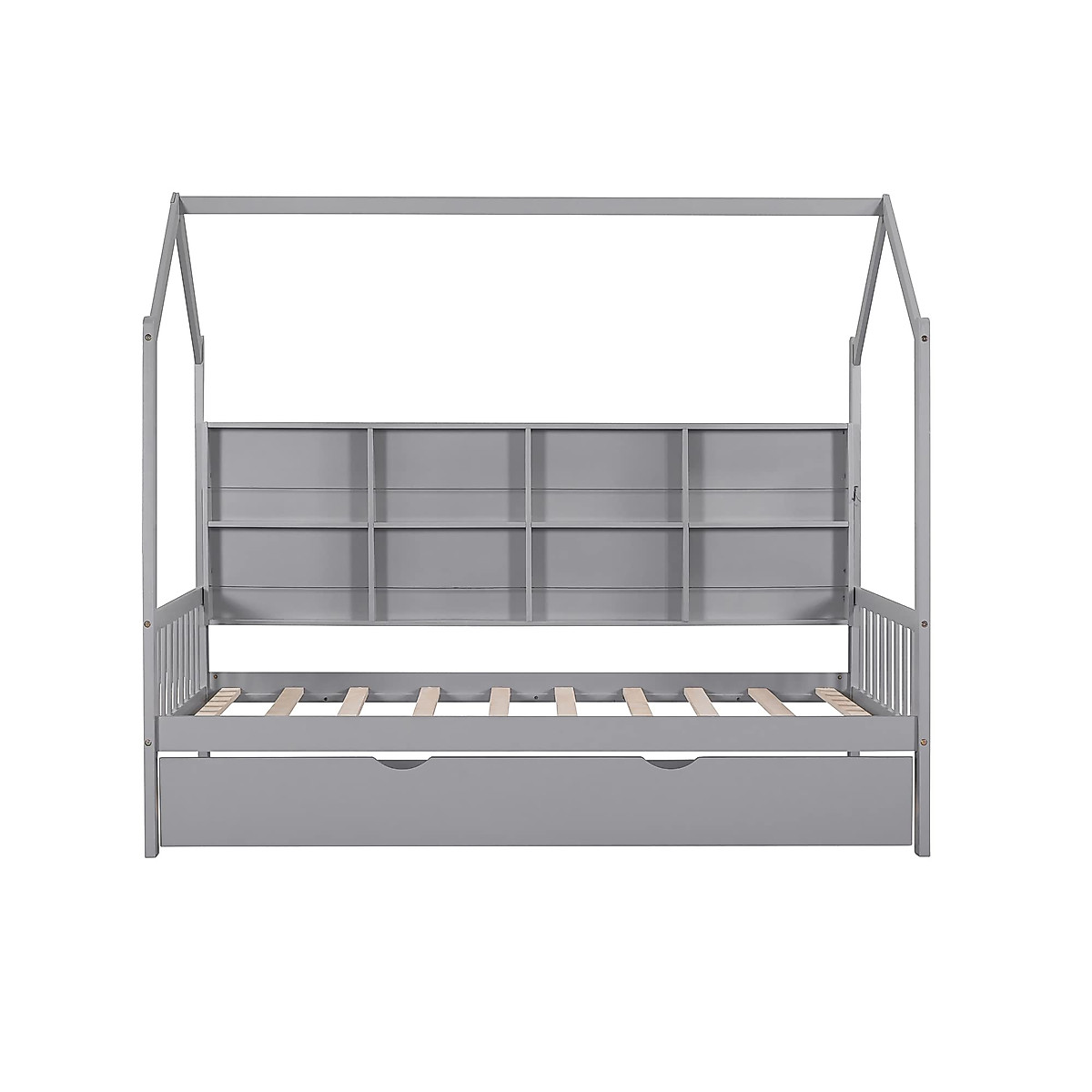 Twin House Bed with Trundle, Kids Twin Platform Bed Frame with Storage Shelves and Roof, Montessori Bed, Tent Bed, Wood Playhouse Bed Twin for Kids Teens Girls & Boys (Twin, Gray)
