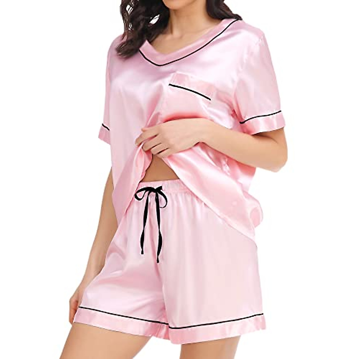 SWOMOG Womens Short Sleeve Satin Pajama Set Silk Pjs Lounge Set V Neck Two Piece Loungewear Sets Cute Cozy Sleepwear Rose Pink