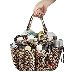 Haundry Mesh Shower Caddy Bag, Portable Basket Organizer with Key Hook for College Dorm Bathroom Camp Gym, Hanging Tote Bag with 8 Pockets, Lepoard