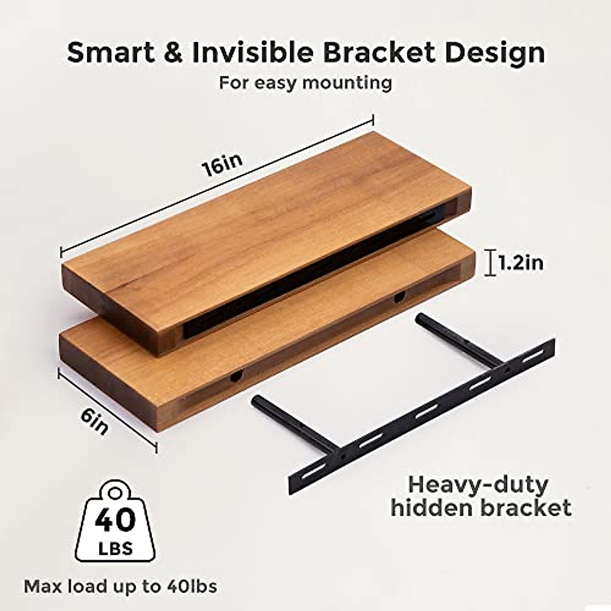 Fun Memories Floating Shelves 16 Inch Long Wall Mounted, Rustic Farmhouse Wooden Wall Shelf Set of 2, Solid Acacia Wood Floating Shelf for Bathroom, Kitchen, Living Room