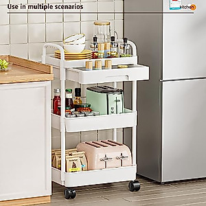 YKLSLH 3-Tier Rolling Cart wiht Drawer, Multifunctional Utility Cart Craft Art Cart Trolley Organizer with Plastic Shelf & Metal Wheels, Storage Cart for Kitchen,Bathroom,Living Room,Office,White