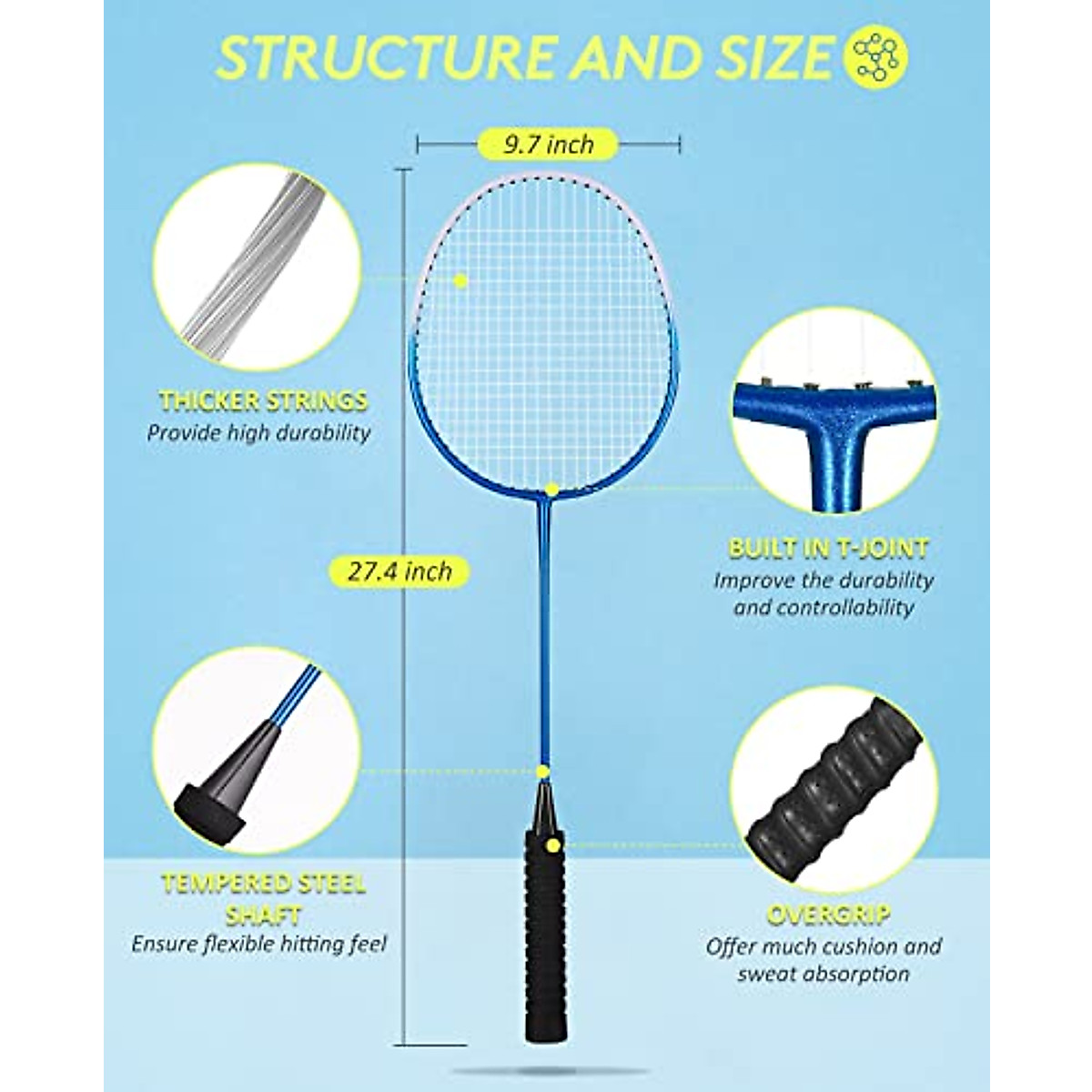 HIRALIY Badminton Rackets Set of 4 for Outdoor Backyards Games, Including 4 Rackets, 12 Nylon Shuttlecocks, 4 Replacement Grip Tapes (Blue)
