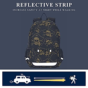 senya Backpack for Boys Girls, Golden Pirate Skull Backpack Students Bookbag Daypack for School Primary Teens