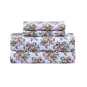 Feather & Stitch Softest 100% Cotton Sheets, 4 Pc Set, 300 Thread Count Percale Weave Bedding, 16" Deep Pocket, Cooling Sheets, Breathable Bed Set (Full, Sheet Sets, Floral)