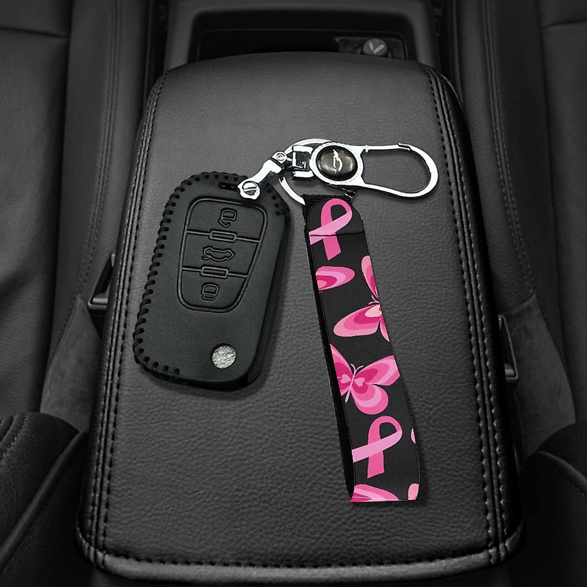 INSTANTARTS Auto Keychain Lanyard Wristlet Strap Breast Cancer Awareness Hand Wrist Landyard Key Chain with Metal Ring for Car Keys, Camera, Cell Phone, Backpack