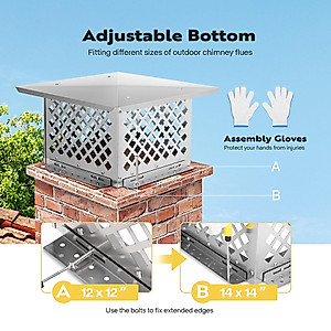 VIVOHOME Chimney Cap, 13" x 13" Square Chimney Cover, Stainless Steel Fireplace Flue Lid with Adjustable Bottom, Mesh Chimney Cover for Outside Existing Clay Flue