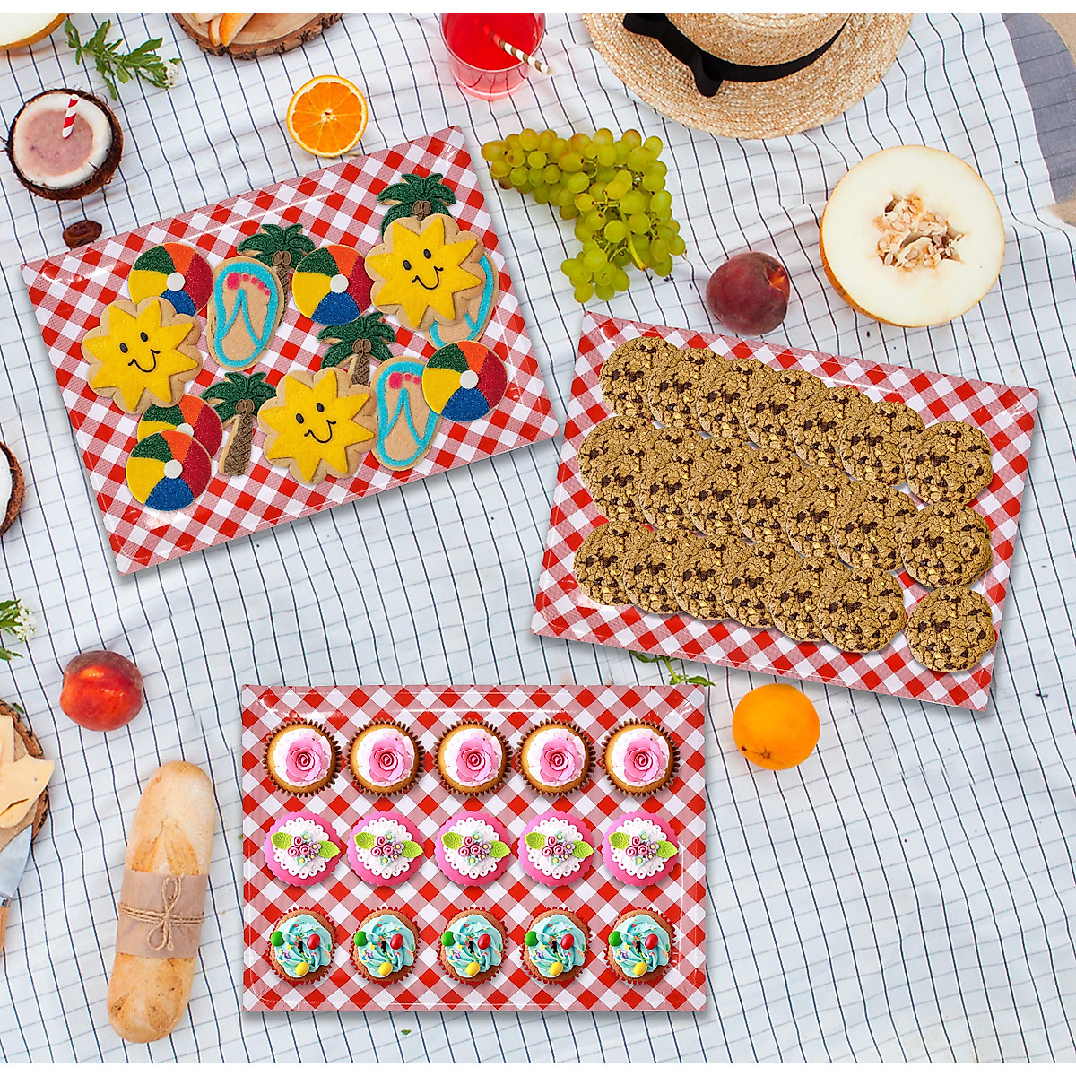 10 Disposable Red & White Gingham Serving Trays Large 10.75" X 15.75" Heavy Duty Rectangle Paper Cardboard BBQ Tray for Dessert Platter Cupcake Display Birthday Party Tableware Supplies