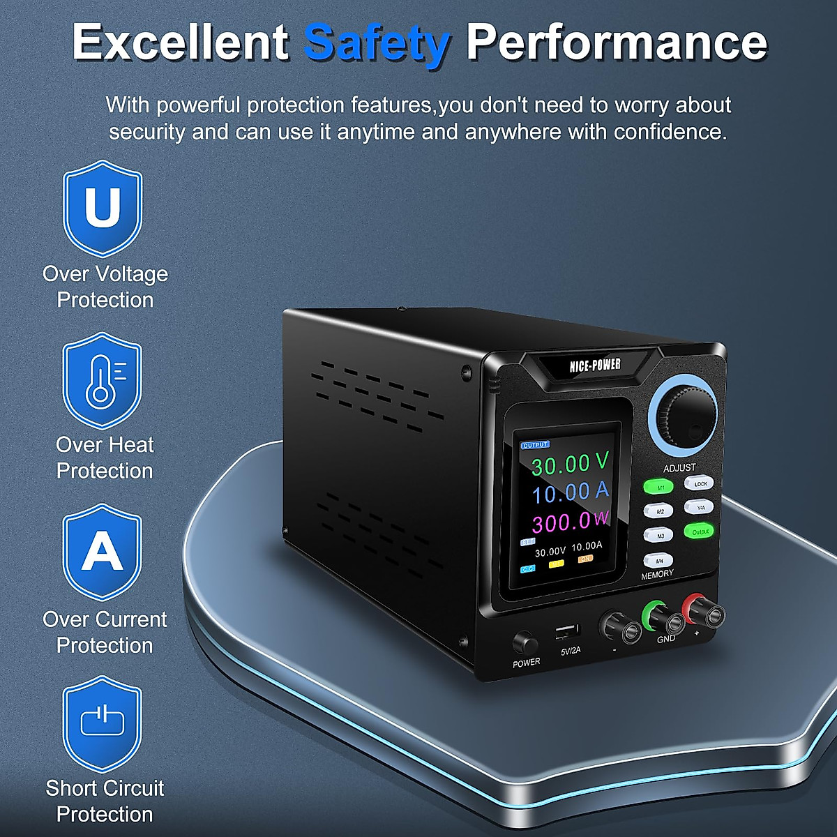 NICE-POWER DC Power Supply Variable 30V 10A, Bench Power Supply with Memory Storage and Encoder Knob, Adjustable Regulated DC Power Supply with Color Display, Output Switch, Lock Button, PC Software