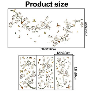 Green Leaf Branch Wall Decals White Flowers Wall Stickers DIY Removable Butterflies and Birds Wall Sticker Art Home Decoration for Kids Baby Girls Bedroom Classroom Offices Nursery TV Sofa Background (B)