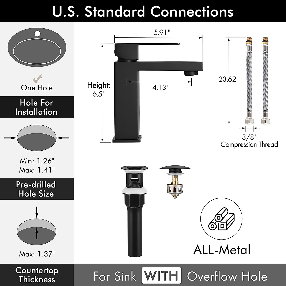 KES Black Bathroom Faucet Single Handle & Bathroom Sink Drain with Overflow, cUPC Certified Vanity Faucet with Pop Up Drain Stopper Stainless Steel Matte Black, L3156ALFF12-BK-C2