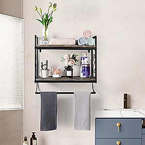 RONGCN 2-Tier Bathroom Shelves with Towel Bar, Over Toilet Storage Rack, 23.6 Inch Industrial Wall Mount Floating Shelf, Solid Wood and Metal Brackets