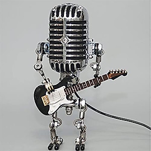 Vintage Microphone Robot Desk Lamp, Retro Style Microphone Robot Desk Lamp Holding Guitare, Vintage Light Home Decor Nightstand Desk Lamp for Bedroom, Bar, Restaurant (Black)