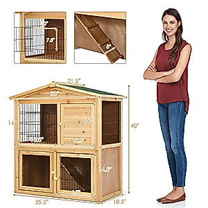 PETSITE 2 Story Rabbit Hutch Indoor Outdoor, Wooden Bunny Cage Pet House for Small Animals