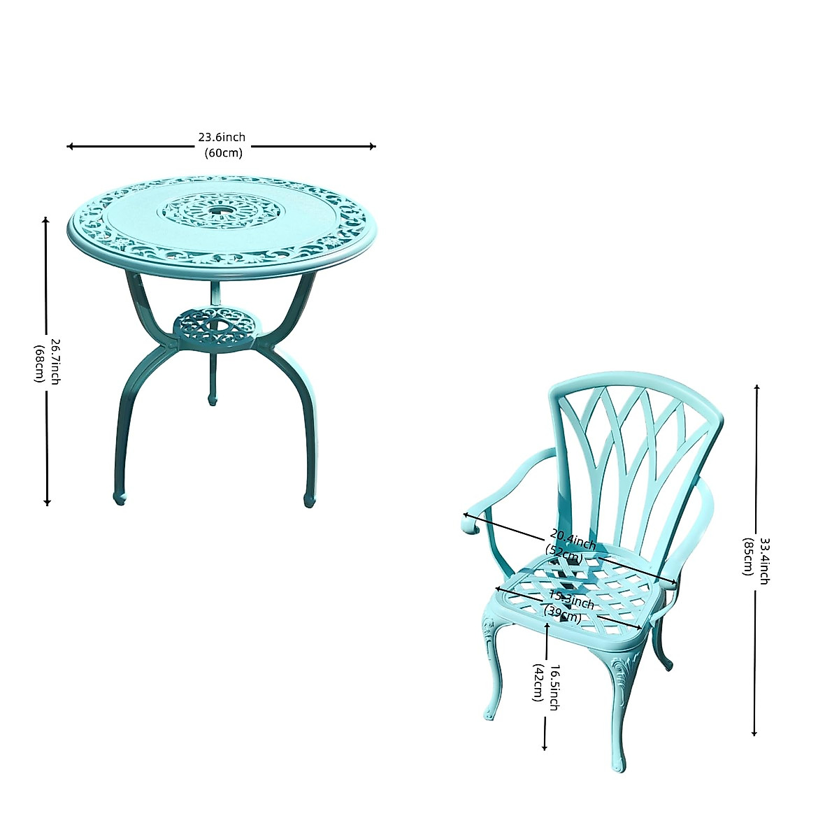 KAILI 3 Piece Bistro Table Set Cast Aluminum Outdoor Patio Furniture with Chair with armrests (Light Blue)