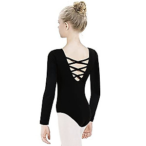 tanzdunsje Girls Dance Leotard Long Sleeve Black Ballet Leotard Crisscross Straps Back Dance Top Gymnastics for Girl Toddler Women (Black, 130)