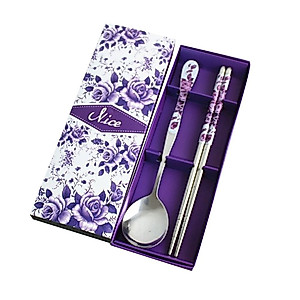 HugeStore Chinese Purple Rose Stainless Steel Chopsticks and Spoon Set