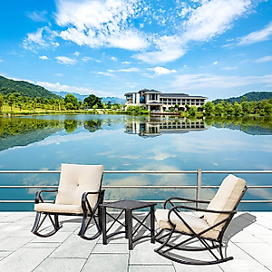 LOKATSE HOME 3 Piece Patio Outdoor Rocking Chairs Set Bistro Furniture and Square Coffee Table Metal Steel Frame with Thick Cushions, Khaki