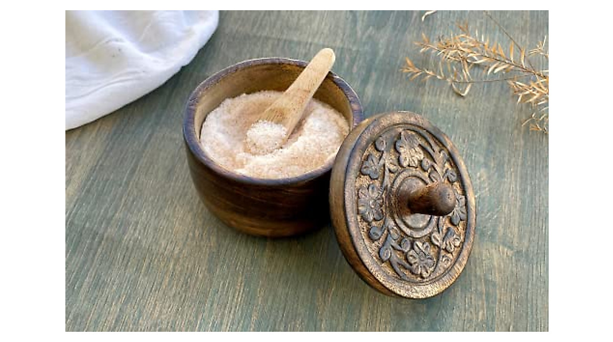 Rustic Salt Box with Carved Lid & Spoon - Kitchen Essential
