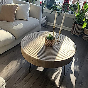 Uspeedy 2-Piece Farmhouse Wooden Coffee Table Set,Boho Coffee Table,Living Room Round Coffee Table Set,Nesting Table Round Wooden Finish with Ring Motif (Wood 1)