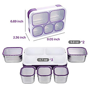 Stainless Steel Kids Bento Lunch Box Leak Proof BPA-Free DaCool School Lunch Container 5-Compartment with Lunch Bag and Fork for Toddler Child Adult, Food Snack Container for Picnic Outdoors, Purple