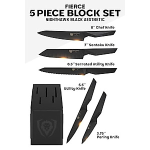 DALSTRONG Knife Block Set - 5pc - Shadow Black Series - Black Titanium Nitride Coated - High Carbon - 7CR17MOV-X Vacuum Treated Steel - Sheath - Kitchen Knife Set with Block - NSF Certified
