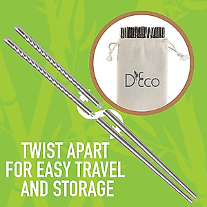 D'Eco Reusable Metal Chopsticks (4 Pairs) - Includes 4 Sets of Stainless Steel Twist Apart Silver Chopsticks & Travel Pouch - Lightweight, Durable, Dishwasher Safe - Great for Chinese Japanese Cuisine