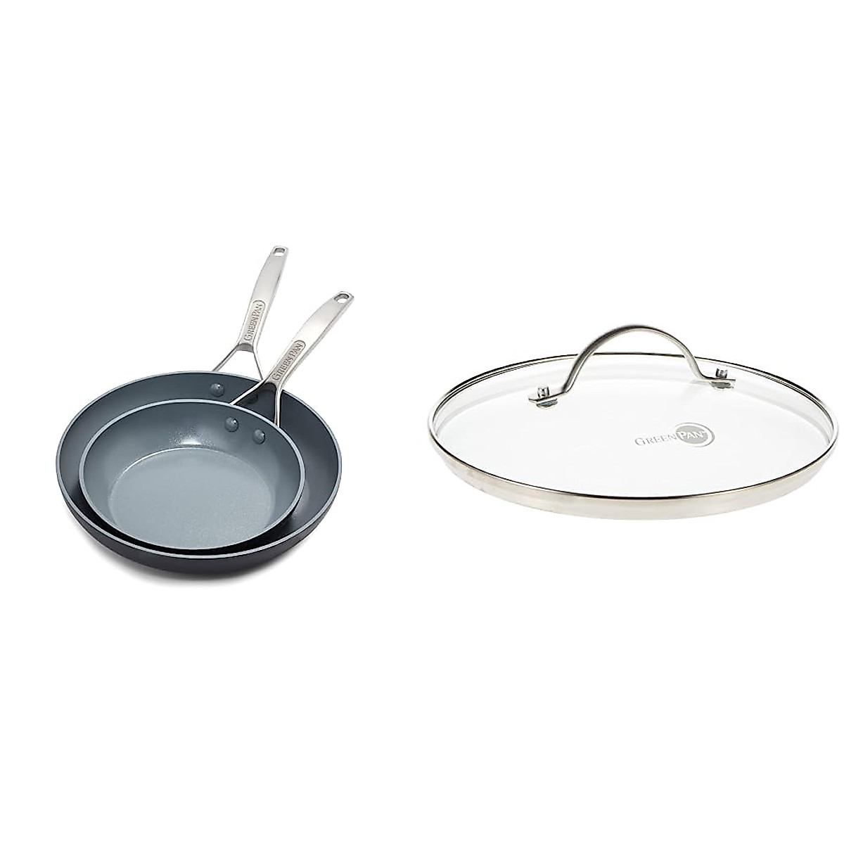 GreenPan Paris Pro Hard Anodized Healthy Ceramic Nonstick, 8" and 10" Frying pan Skillet Set, PFAS-Free, Dishwasher Safe, Grey & Glass Lid with Stainless Steel Handle, 8"