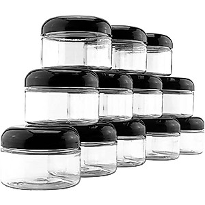 Cornucopia 4-Ounce Clear Plastic Jars (12-Pack); Jars w/Black Domed Lids for Cosmetics, Kitchen Spices, Crafts & Office