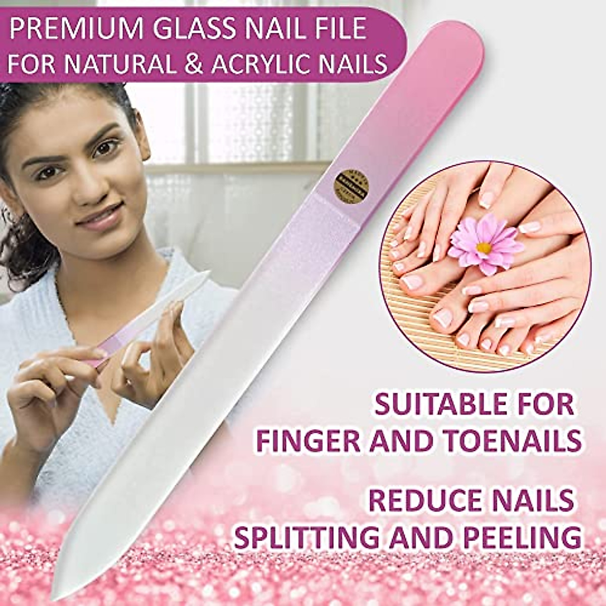Czech Glass Nail File with Case - Glass Foot File Hand Callus Remover - Nice Gift Women - Crystal Nail Files For Natural Nails Glass Fingernail - Toenail Finger Board Sleeve Emery Boards 2 Files Set