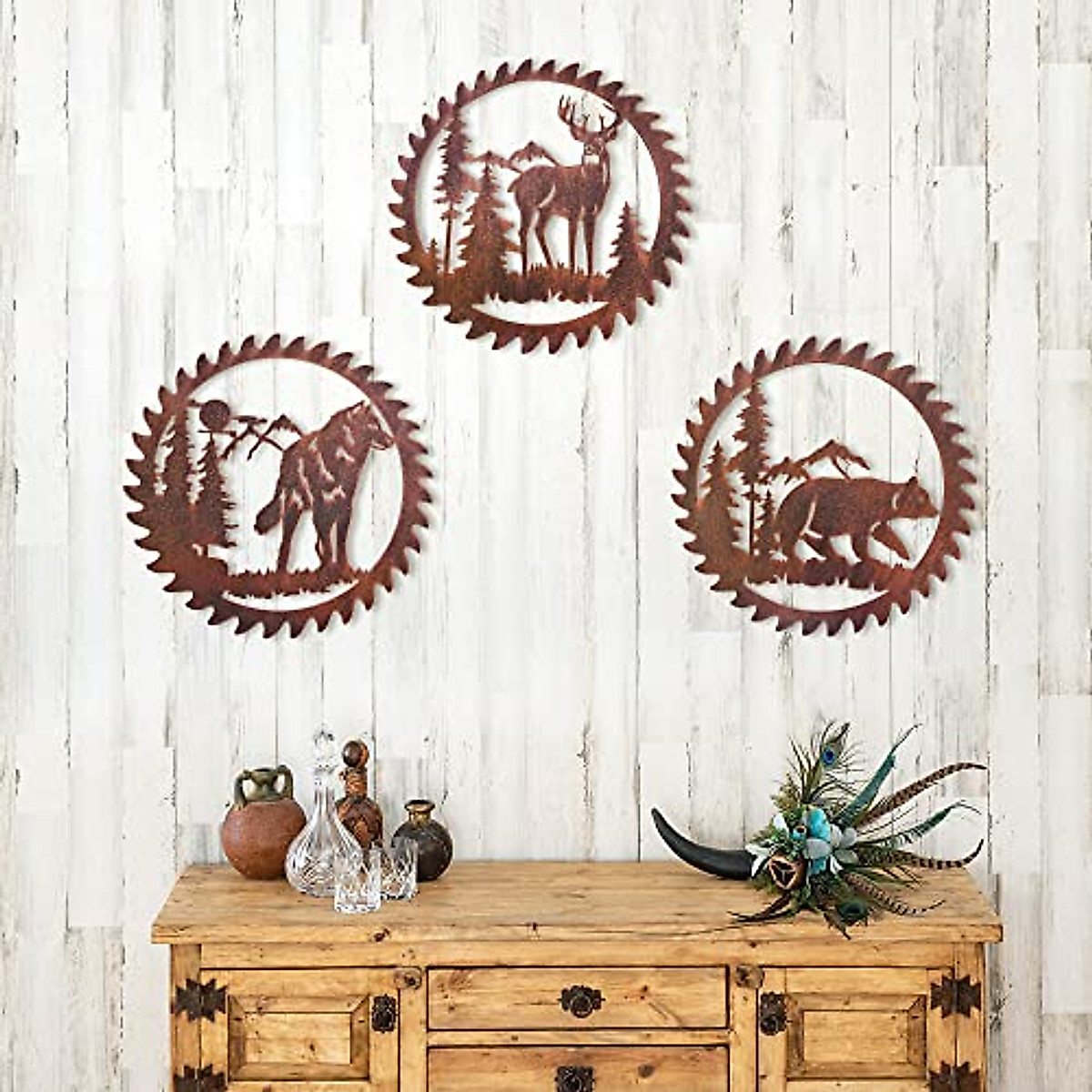 WAIU Metal Cabin Wall Art Decor Deer Bear Wolf in the Forest Pine Tree, 9 Inch Set of 3 Rustic Bronze Concise Saw Blade Decoration Hanging for Living Room Bedroom Bathroom Indoor Outdoor, Lodge