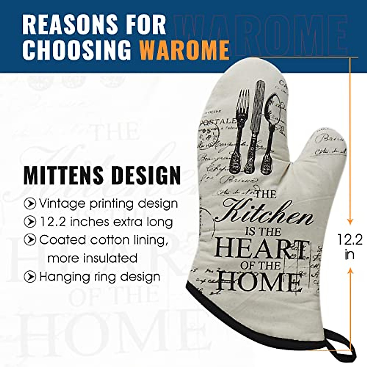 Warome Oven Mitts and Pot Holders Sets, 572°F Heat Resistant Oven Mitts with Soft Cotton Kitchen Towels, Multi-Function Kitchen Potholders with Pockets, Cute Hot Pads and Long Oven Mitts(6pcs)
