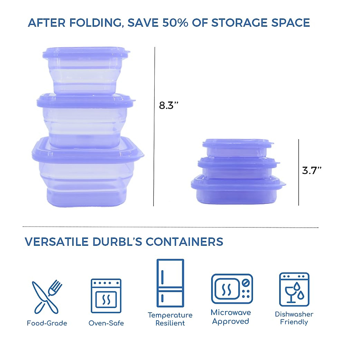 Durbl Collapsible Silicone Food Storage Containers with Silicone Airtight Lids-3 Pack (Violet), Reusable Stacking Lunch Boxes, Kitchen Stacking Container Set for Microwave Freezer Dishwasher Safe…