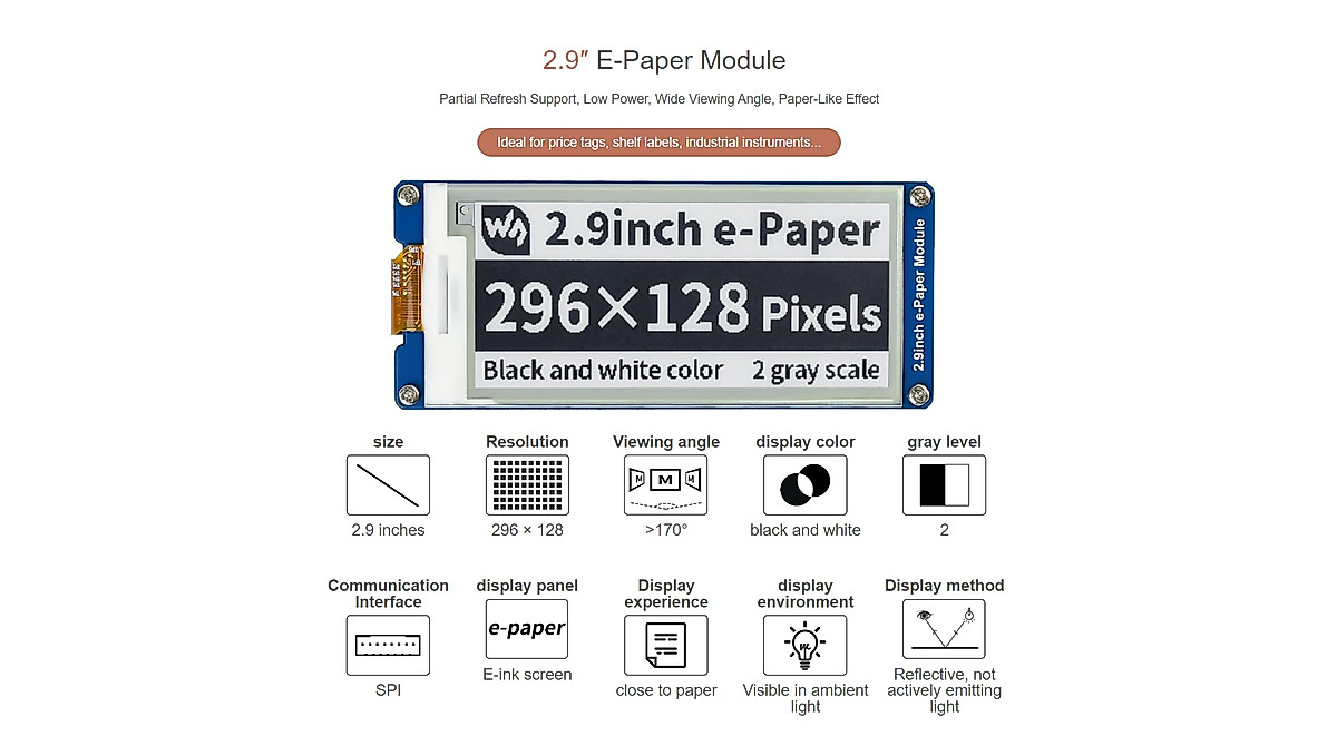 2.9inch e-Paper Display Module, 296x128 Resolution 3.3V/5V Two-Color epaper Display E-Ink Screen ...