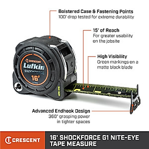 Crescent Lufkin 1-3/16" x 16' Shockforce Nite Eye G1 Dual Sided Tape Measure - L1116B